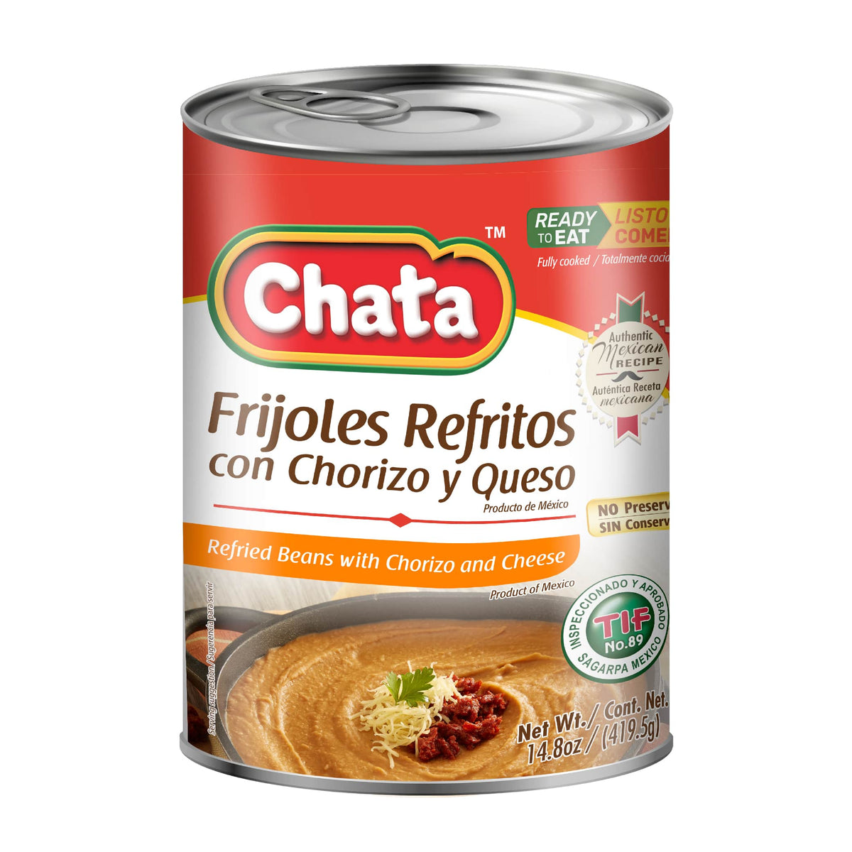 Chata Refried Beans With Chorizo & Cheese Can, 14.8 oz — Cordialsa USA